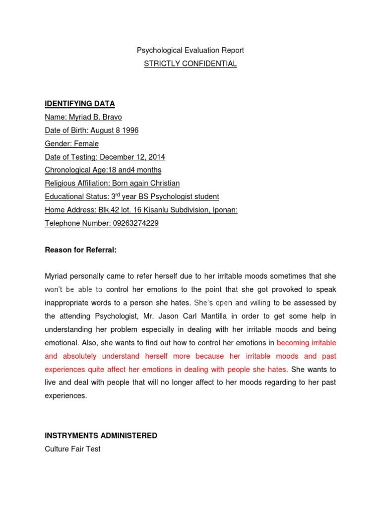 Psychological Evaluation Report | PDF | Emotions | Mood (Psychology)