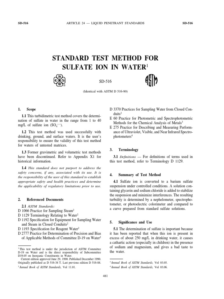 Standard Test Method for Determining Sulfate Ion Content in Water | PDF ...