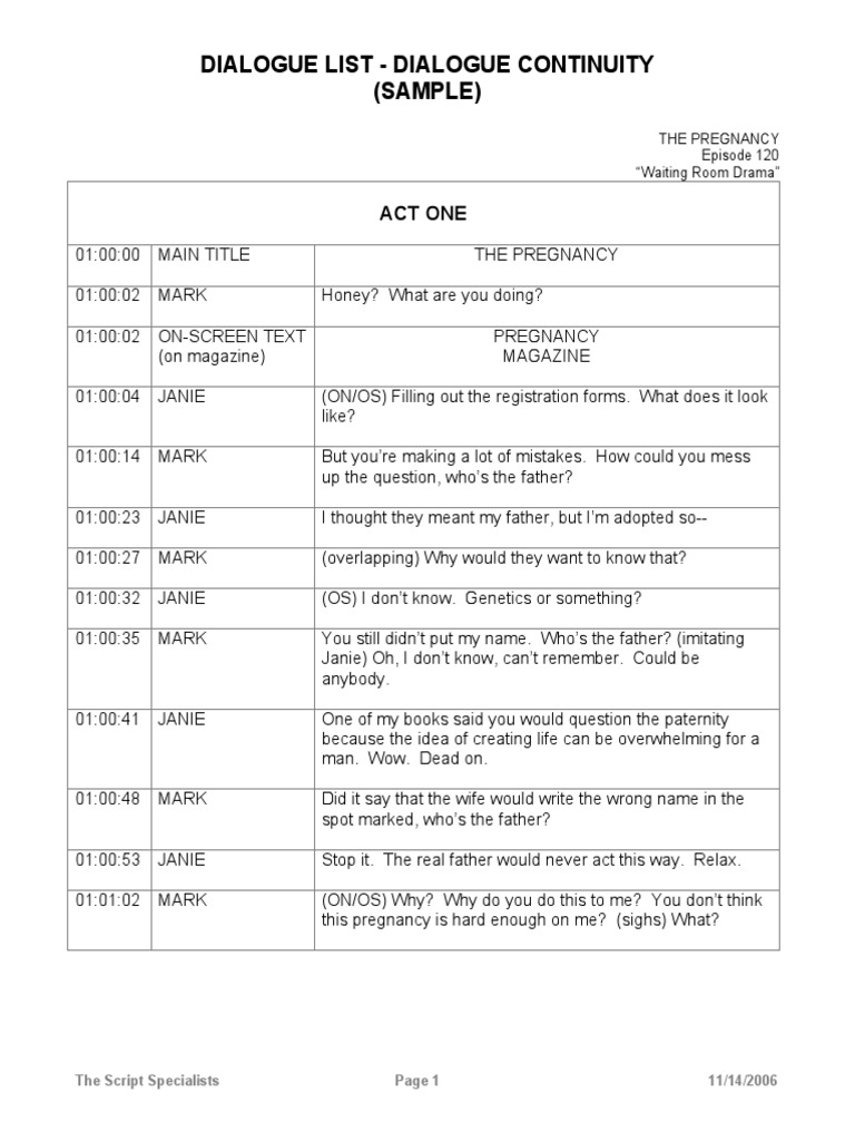 Dialogue List - Dialogue Continuity (Sample) : Act One | PDF
