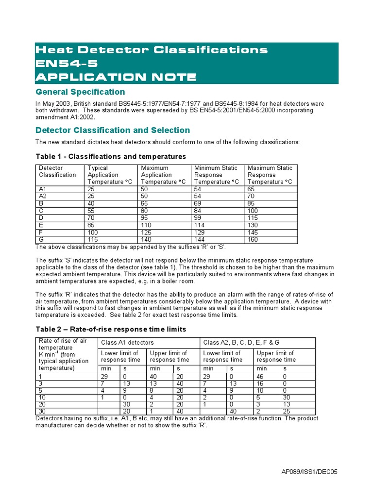 EN54 Heat Classifications App Note | PDF | Sensor | Temperature