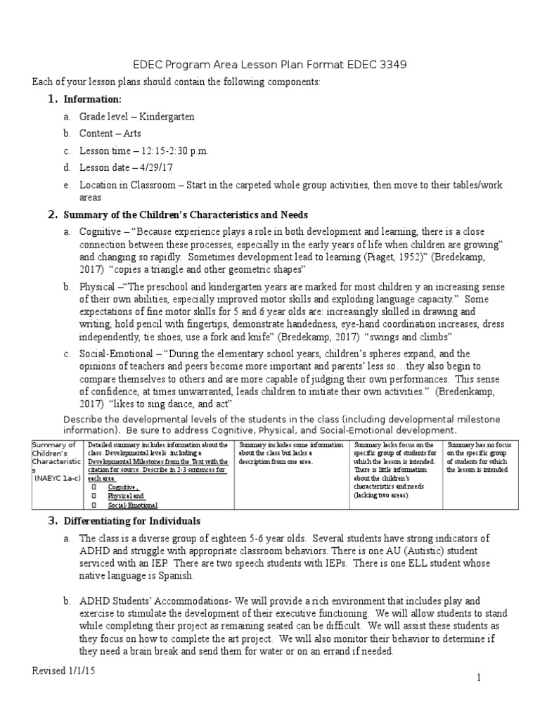 Kindergarten Arts Lesson Plan | PDF | Educational Assessment ...