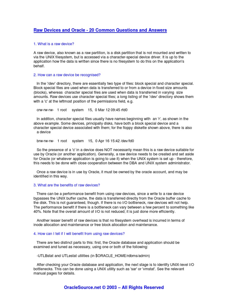 Raw Devices And Oracle 20 Common Questions And Answers 1 What Is A Raw Device Pdf