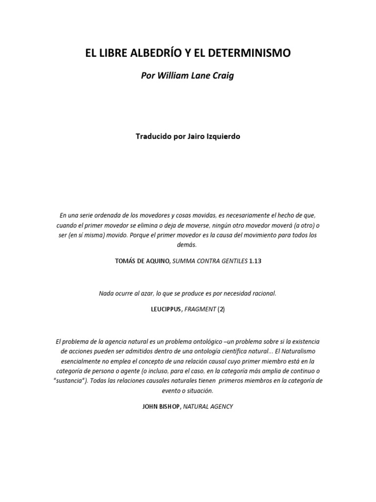 El Libre Albedrío y El Determinismo (William Lane Craig) | PDF | Libre albedrío | Determinismo