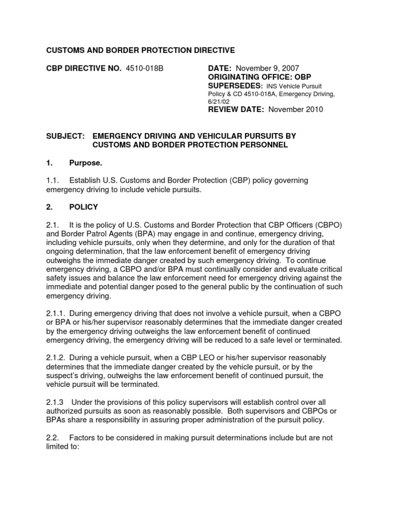 Emergency Driving and Vehicular Pursuits by Customs and Border ...