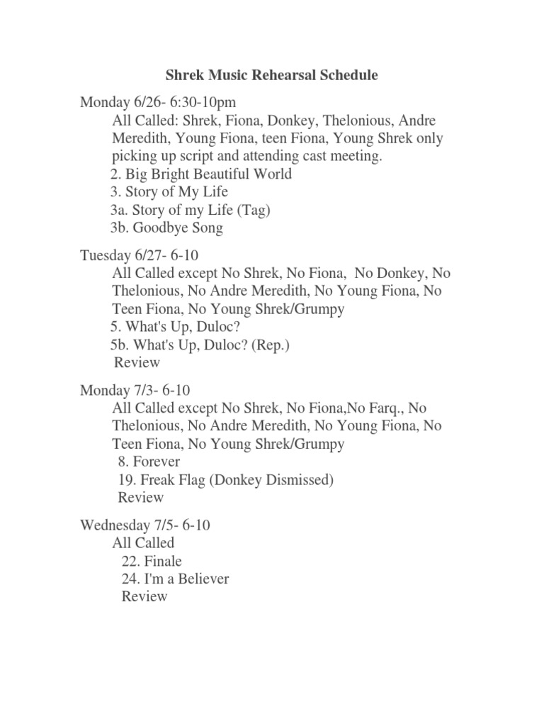 Shrek Music Rehearsal Schedule | PDF