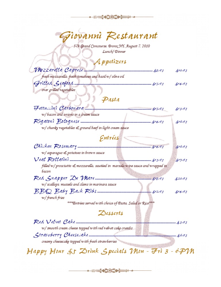 Giovanni Restaurant Menu Highlights | PDF