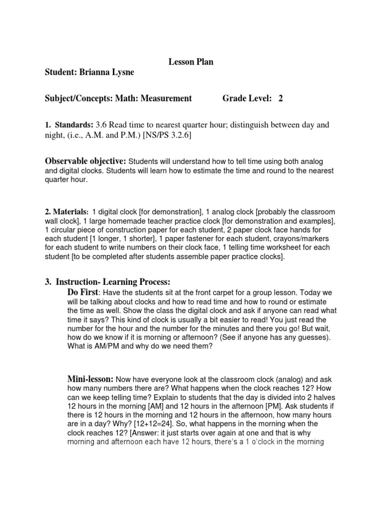 Lesson Plan-Math - Telling Time | PDF | Clock | Classroom