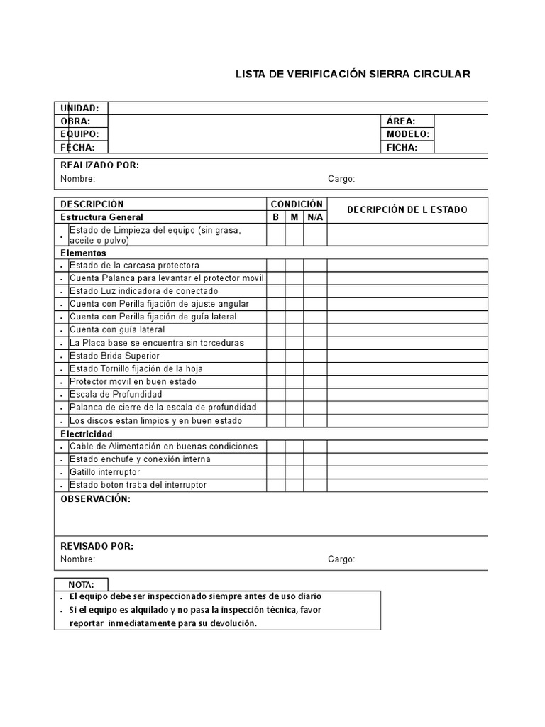 Check List Sierra Circular | PDF