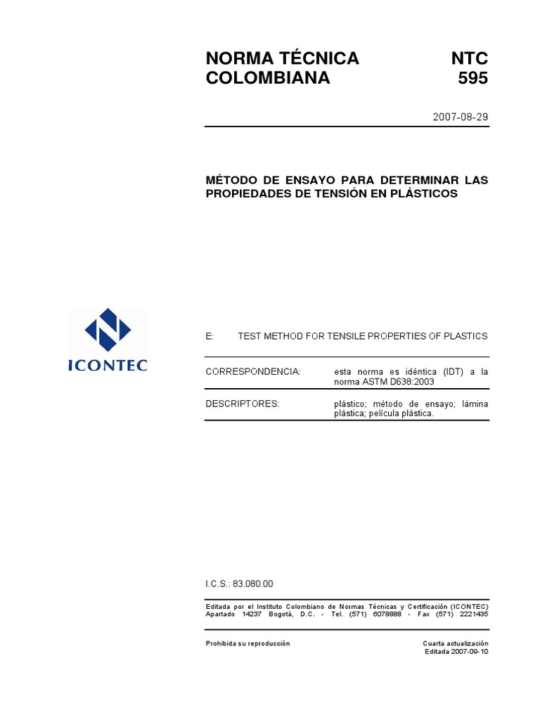 Método de ensayo NTC 595 para plásticos | PDF | Elasticidad (Física ...