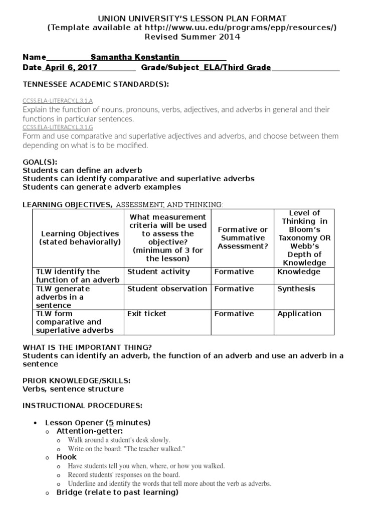 adverb lesson plan | Adverb | Classroom Management
