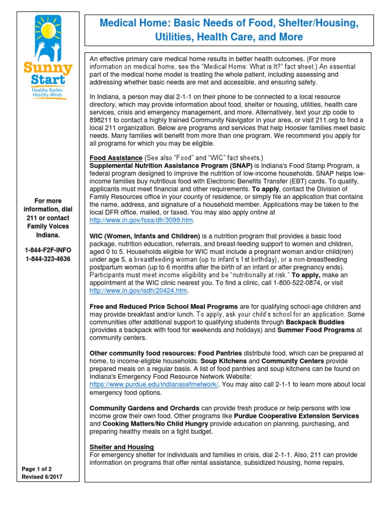 Medical Home: Basic Needs of Food, Shelter/Housing, Utilities, Health ...
