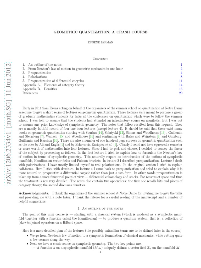 Geometric Quantization: An Introduction in Four Lectures | PDF ...