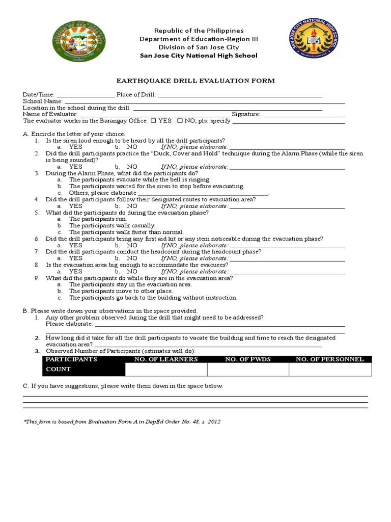 Earthquake Drill Evaluation Form | PDF | Emergency Evacuation ...