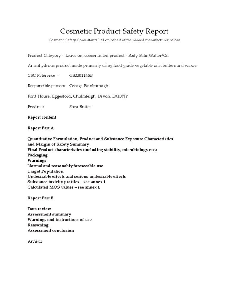 Shea Butter Cosmetic Safety Report PDF | PDF | Cosmetics | Toxicity