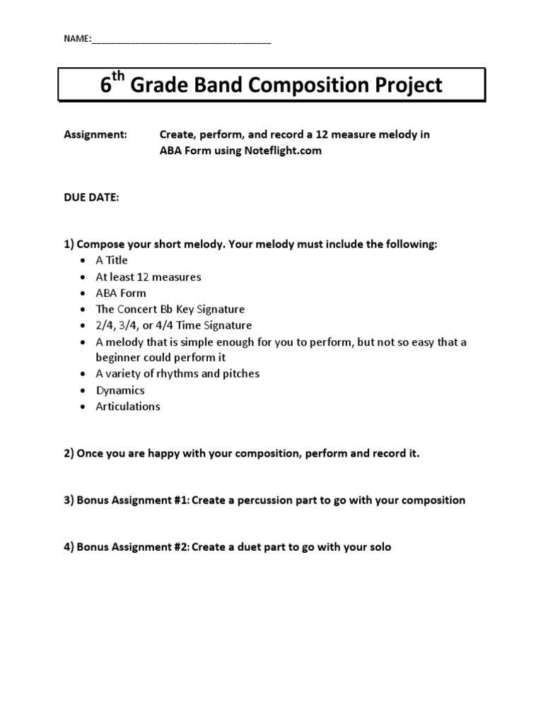 6 Grade Band Composition Project: NAME | PDF