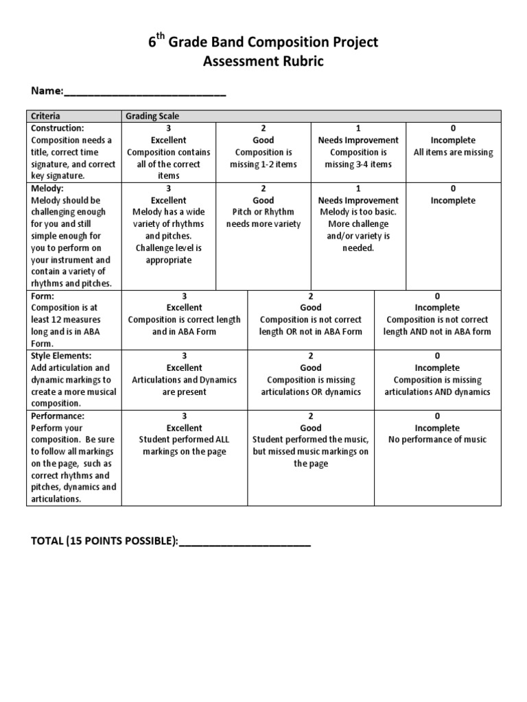 Composition Rubric - 6th Grade | PDF | Musical Compositions | Rhythm