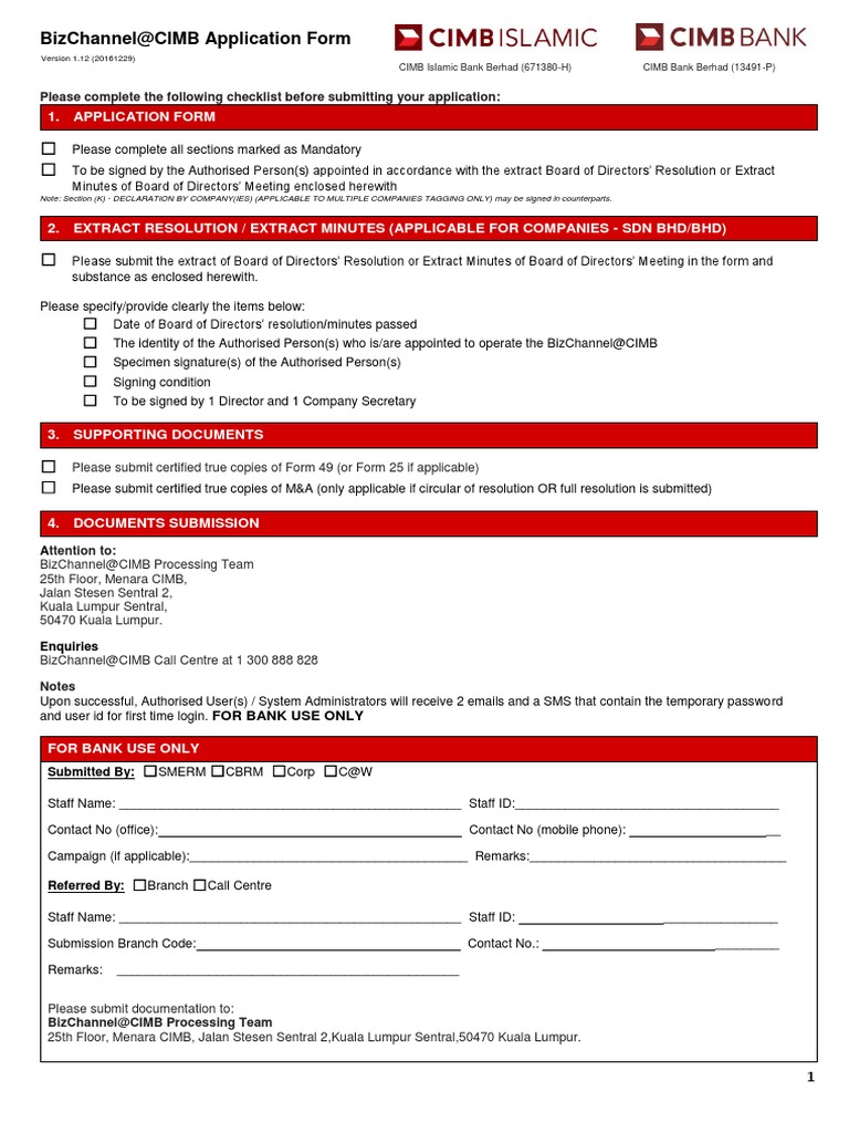 Application Form for BizChannel@CIMB Online Banking Service | PDF ...