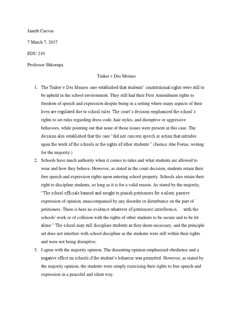 Tinker V Des Moines Points To Ponder | PDF | First Amendment To The ...