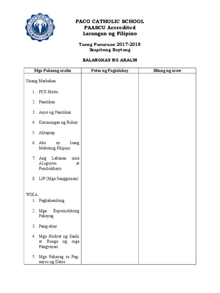 Balangkas NG Aralin Grade 8 | PDF
