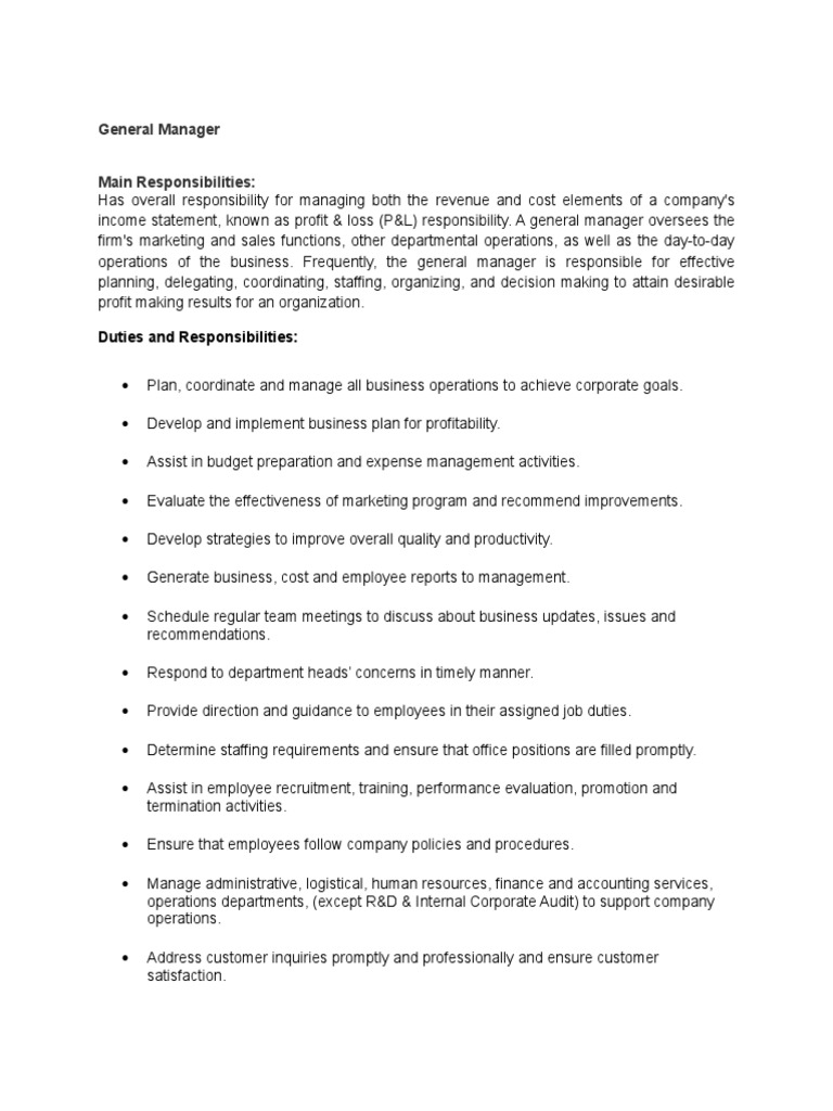 General Manager: Duties and Responsibilities | PDF