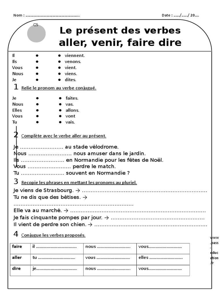 Présent Des Verbes Aller Venir Faire Dire Ce1 Exercices À Imprimer | PDF