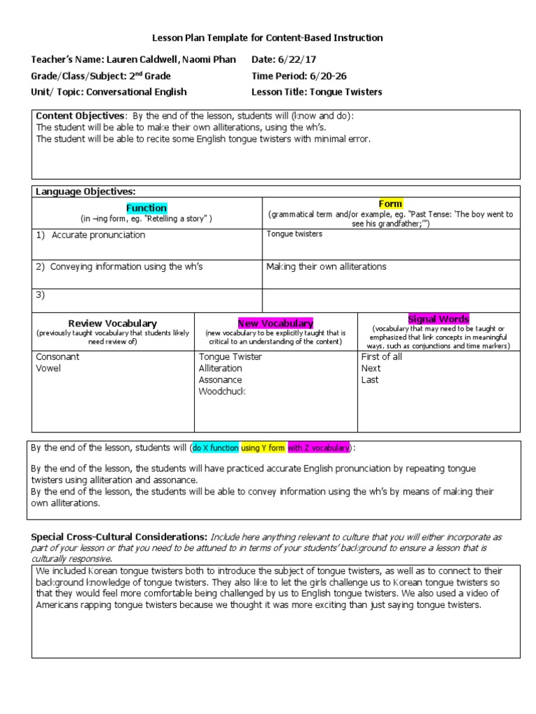 Cbi Tongue Twister Lesson Plan | PDF | Educational Assessment | English ...