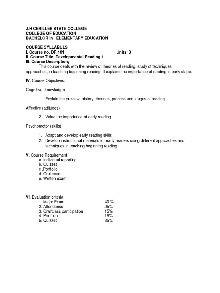 Developmental Reading Course Syllabus | PDF | Reading (Process ...