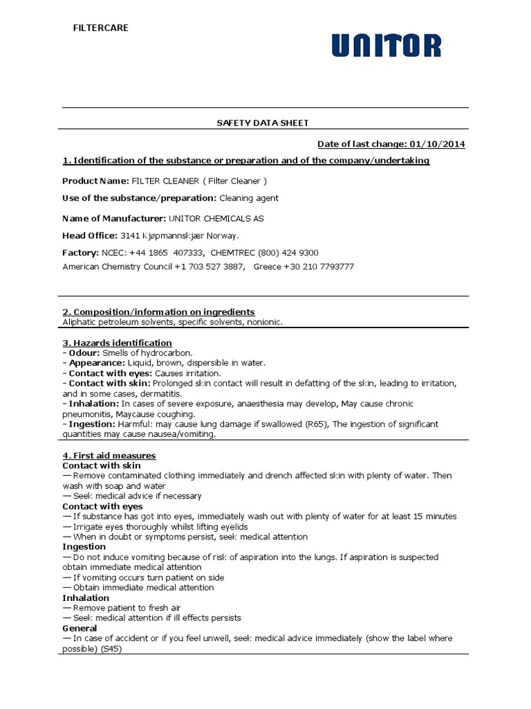 Unitor Filter Cleaner Safety Data Sheet | PDF | Solvent | Personal ...
