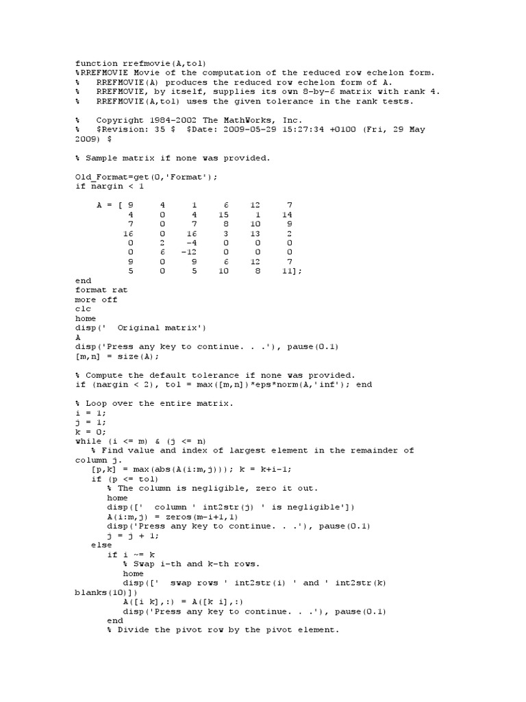 Matlab Rref Matlab Matrix Mathematics