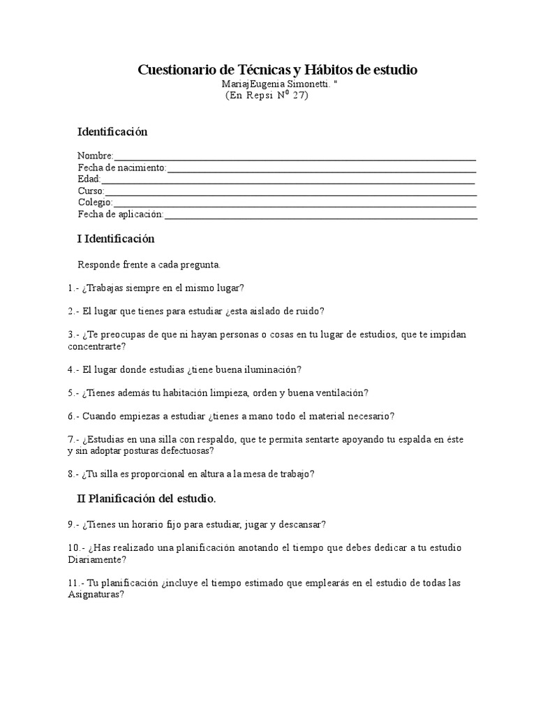 Cuestionario de Técnicas y Hábitos de Estudio | PDF