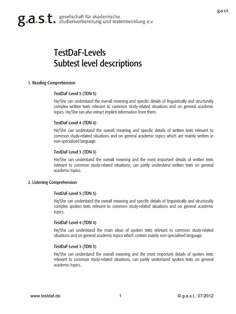 Testdaf-Levels Subtest Level Descriptions: WWW - Testdaf.De 1 © G.A.S.T ...