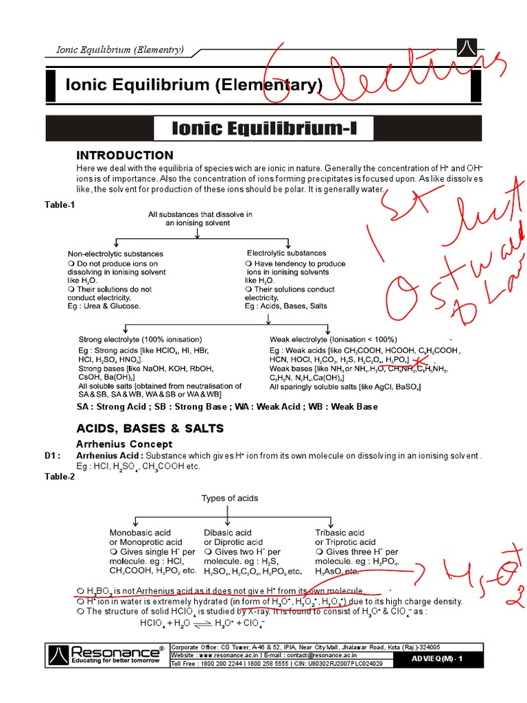 (5167) Sheet Ionic Equilibrium Elementary Theory e | PDF | Dissociation (Chemistry) | Acid