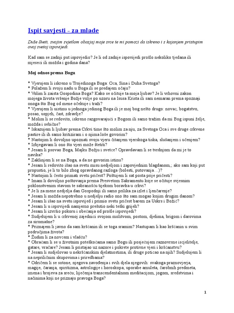 Ispit Savjesti Za Mlade | PDF