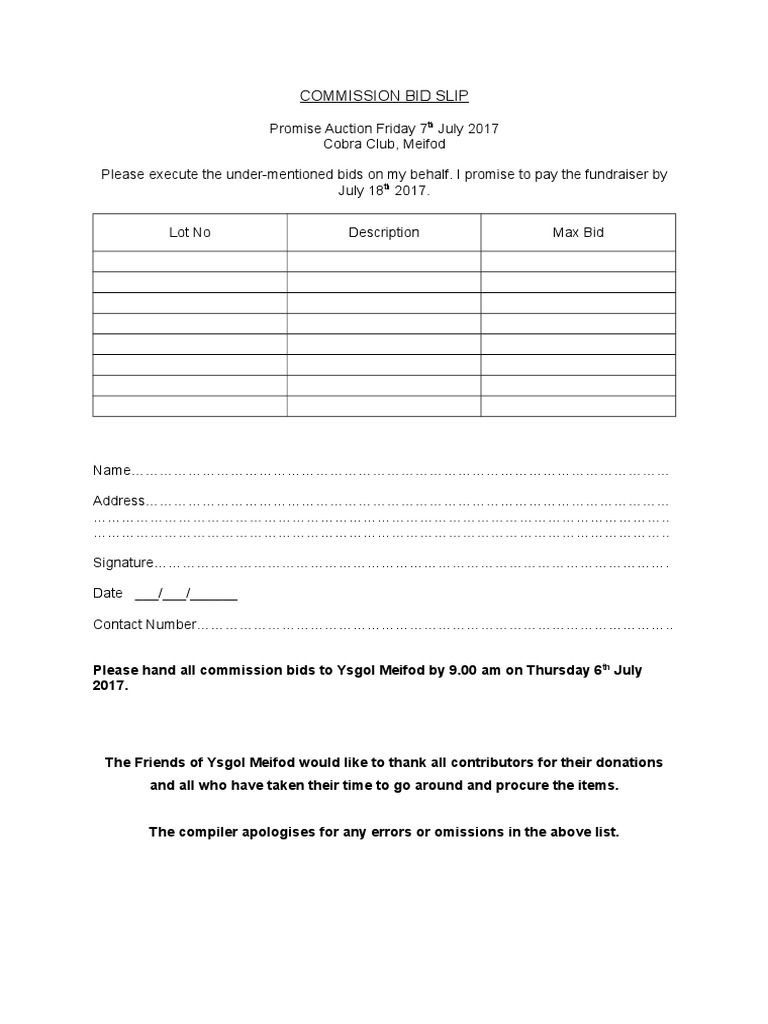 Commission Bid Slip 2017 | PDF