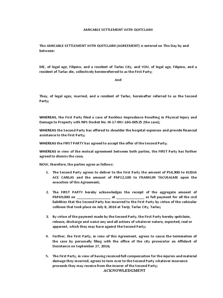 Amicable Settlement With Quitclaim | Notary Public | Civil Law (Common Law)