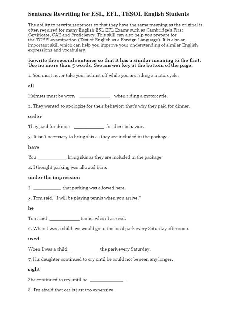 Sentence Rewriting For ESL, EFL, TESOL English Students | PDF