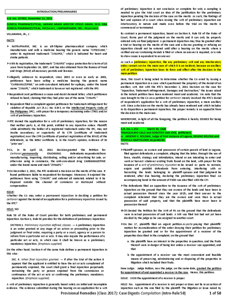 Casedigest Intro To Rule58 | PDF | Injunction | Equity (Law)