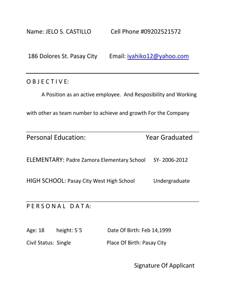Name: JELO S. CASTILLO Cell Phone #09202521572 | PDF