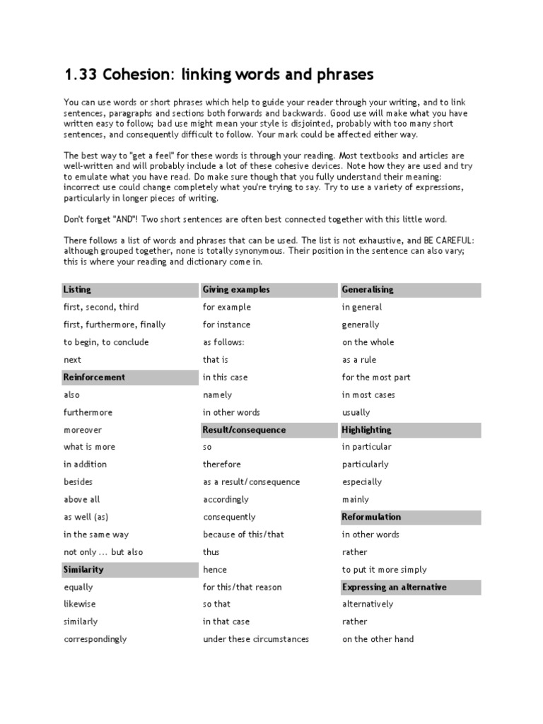 Cohesion Linking Words and Phrases | PDF | Guernsey | Phrase