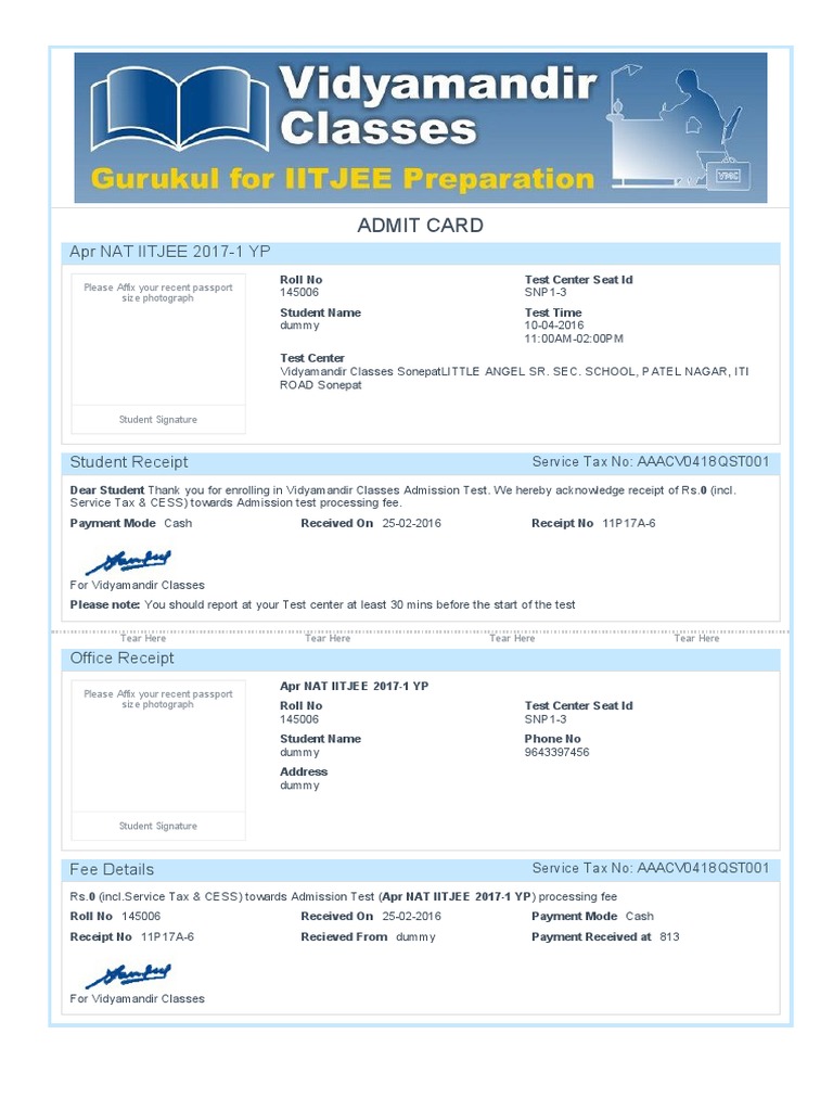 Admit Card Sample | PDF | Payments | Services (Economics)