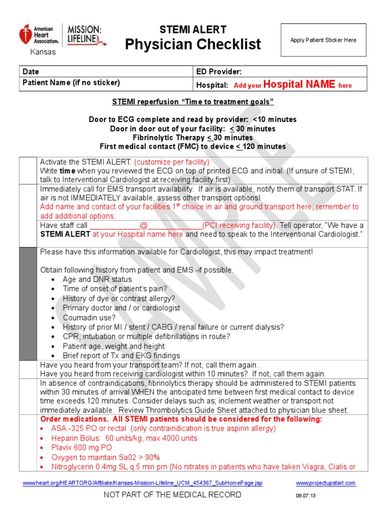 Physician Checklist: Stemi Alert | PDF | Intravenous Therapy ...