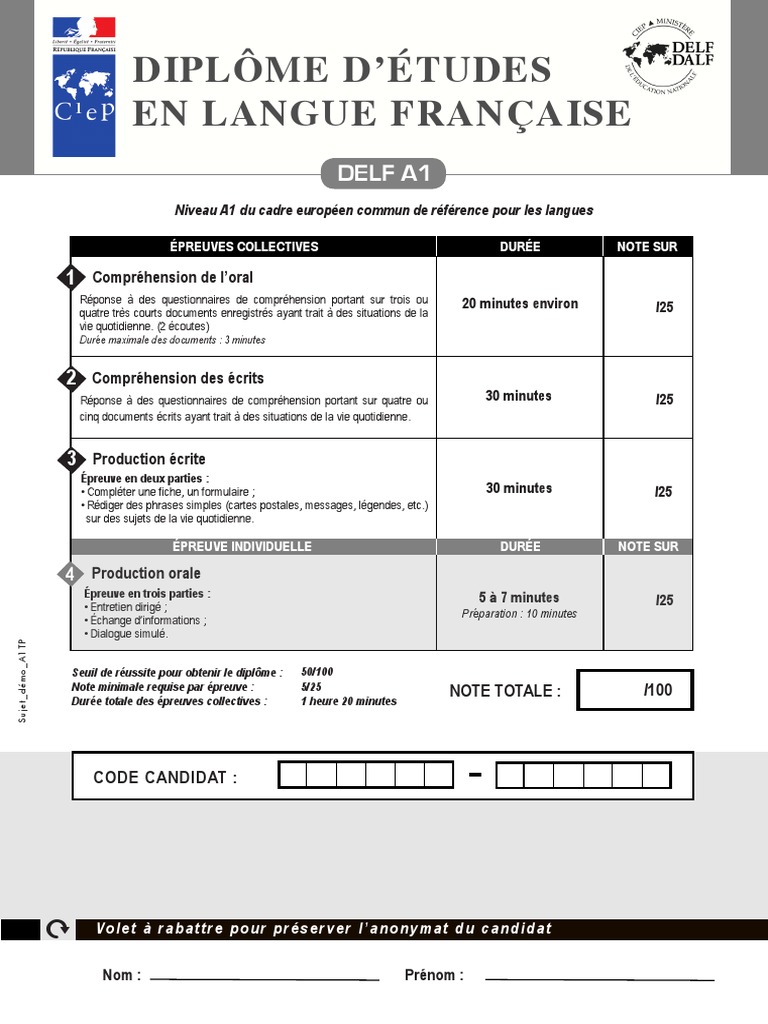 Delf Dalf A1 TP Candidat Coll Sujet Demo