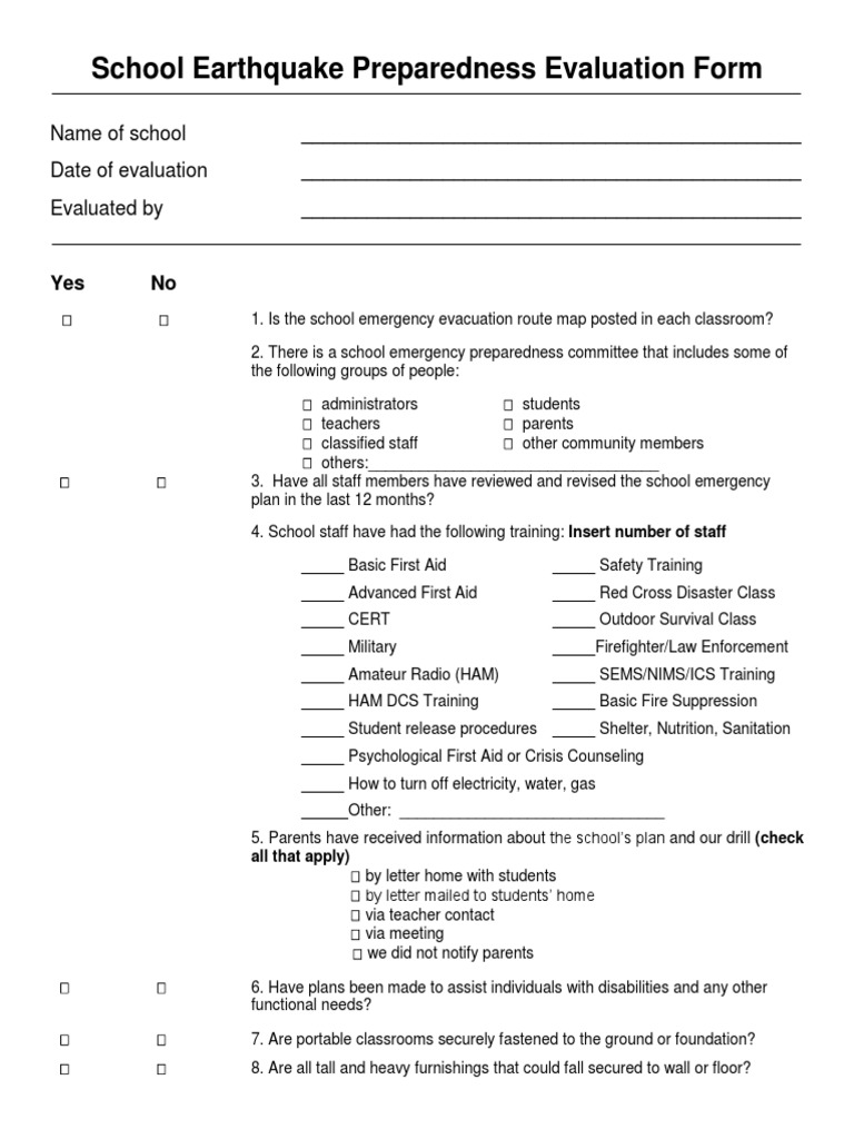 School Earthquake Preparedness Evaluation Form | PDF | Emergency ...