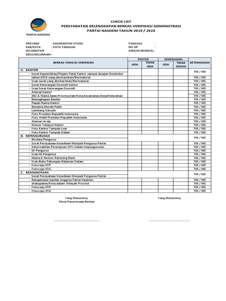 Checklist Administrasi Partai | PDF