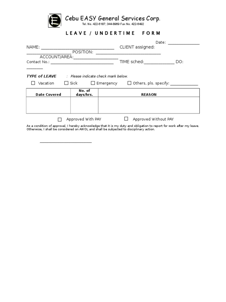 Cebu EASY General Services Corp.: Leave / Undertime Form | PDF ...