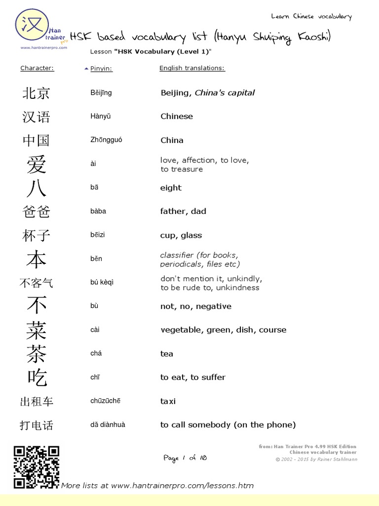 Chinese Word List HSK Level1 | PDF | Languages | Language Arts & Discipline