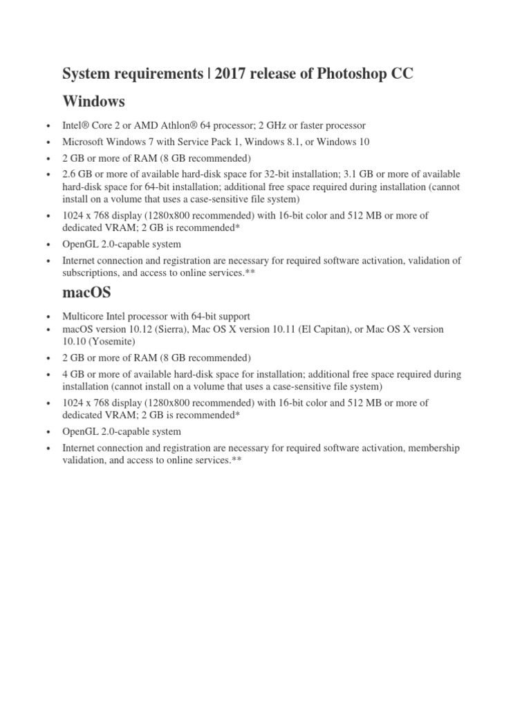 Photoshop CC system requirements Windows & macOS | PDF