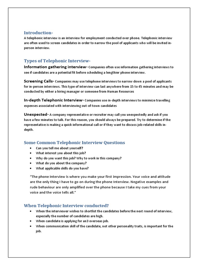 Telephonic Interview | PDF | Interview | Psychology