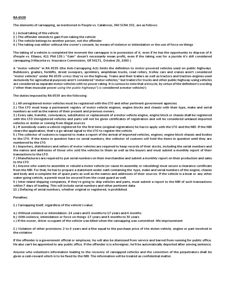 Ra 6539 Notes | PDF | Vehicles | Conveyancing