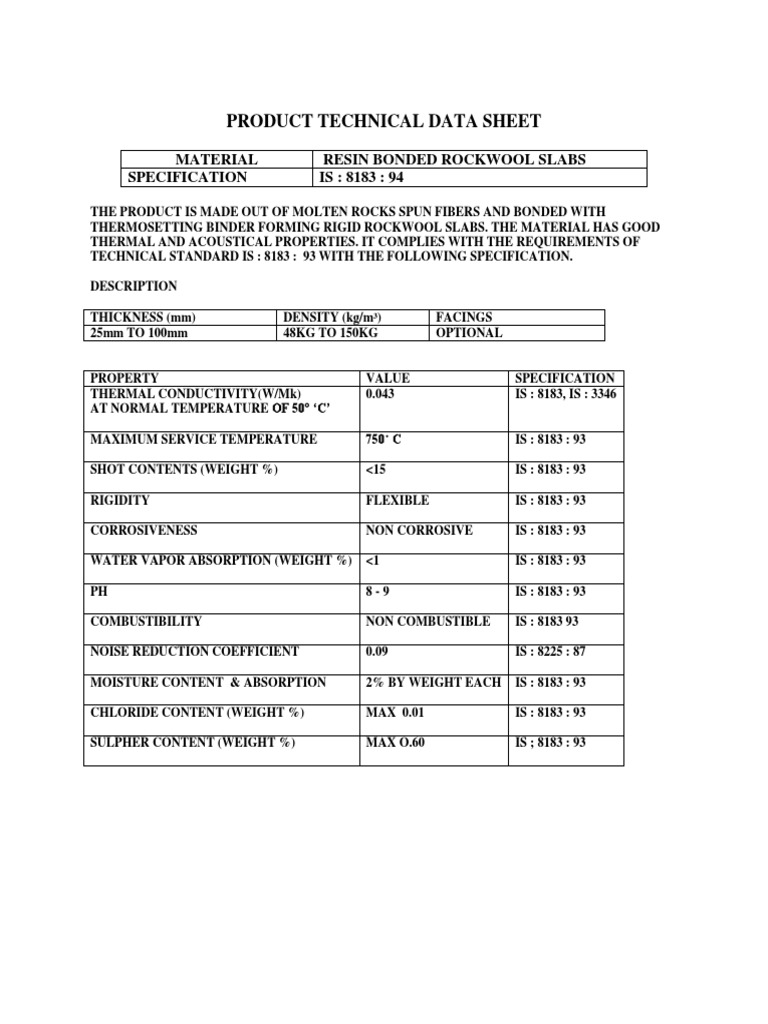 Rockwool Slabs Technical Specs | PDF | Physical Chemistry | Chemistry